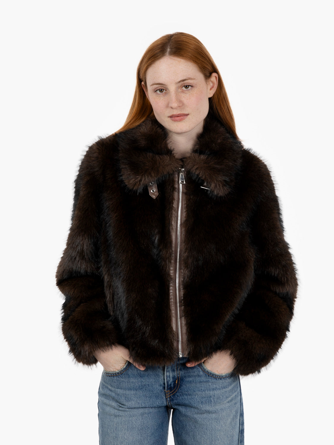 Bully - Dark brown faux fur zip bomber jacket | STIMM